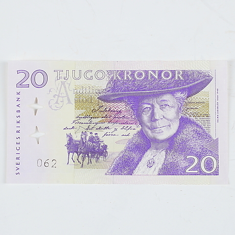 SEDEL, 20-kronor, provtryck 1995, numrerad 062. Mynt, Medaljer ...