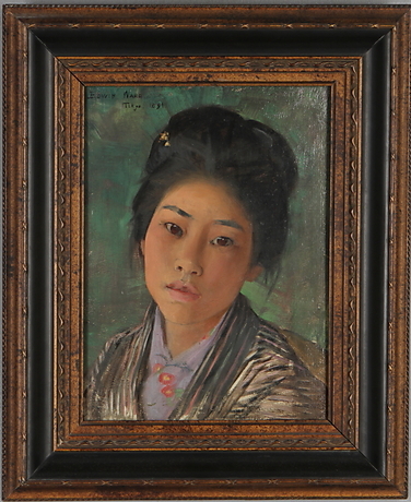 EDWIN WARD. Woman portrait, oil on Board, signed and dated Tokyo 1896 ...