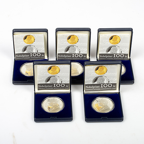 COIN, 5 pieces, silver, centenary of the Nobel Prize. Coins, Medals ...