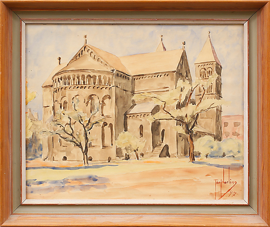 TOR NORLING. Akvarell, Lunds Domkyrka, sett från Krafts torg i öster ...