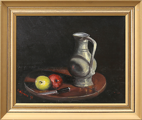 OIDENTIFIERAD KONSTNÄR. Olja på duk, stilleben med tennkanna, signerad ...