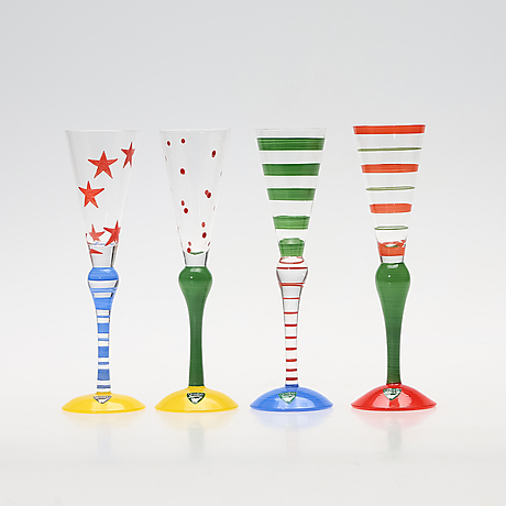 SNAPSGLAS, 4 st, "Clown", Anne Nilsson, Orrefors. Glas - Övrigt - Auctionet