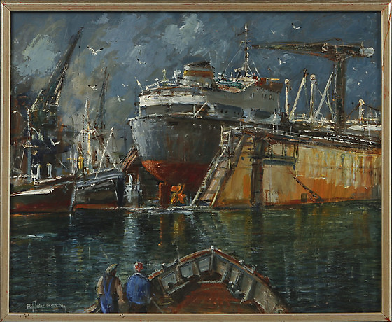 ALF JOHANSSON. "Docken Gothenius varv, Ringön", oil on Board, signed ...