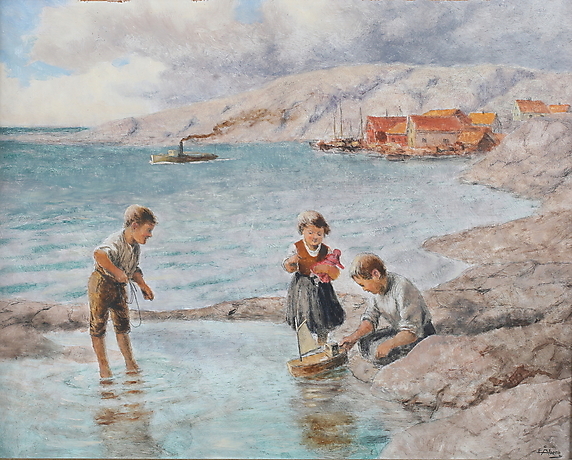 EMIL ÅBERG. Coastal motif with playing children, oil on Board, signed ...