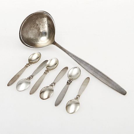 SAUCE LADLE "CYPRESS" and 6 MOCCAS SPOONS "CACTUS", sterling silver ...