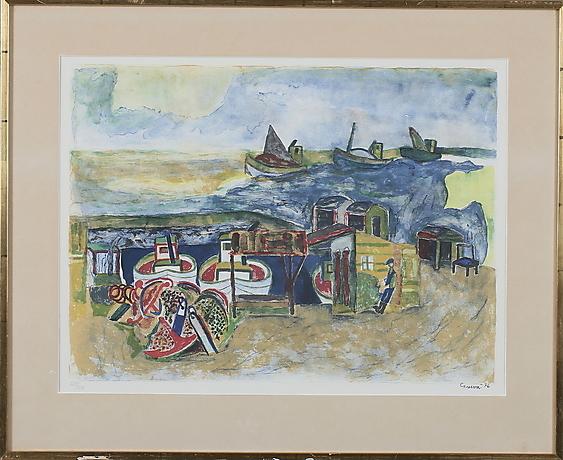 KNUT GRUVA. Fishing harbor with boats, color lithograph, signed and ...