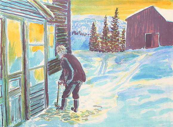 JOHAN LUNDGREN. Winter on the farm. Color lithograph, signed and ...