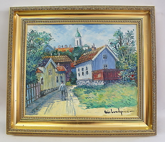 ERIK LUNDBERG. Olja på duk. signerad. Man på gata i by. Konst - Måleri - Auctionet
