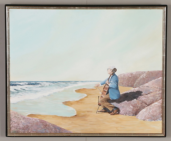 DAN LEONETTE. Óleo sobre lienzo, Hombre con violín bajo en la playa ...