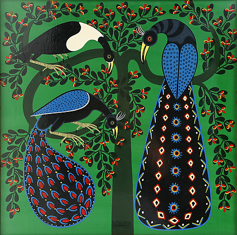 RAJABU CHIWAYA. Peacocks, lacquer color on Board, Tinga Tinga, Tanzania ...