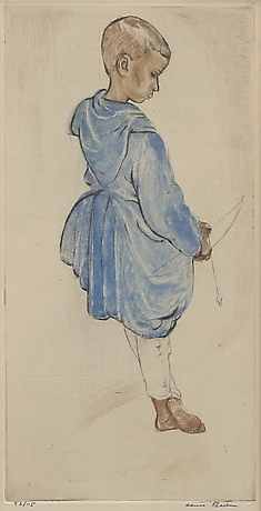 LOUIS BASTIN. Boy with bow. Color etching, signed and numbered 53/115 ...