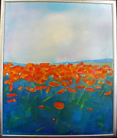 OLLE GUSTAFSSON. Olja på panel med duk, "Ringblommor eller Vildvallmo ...