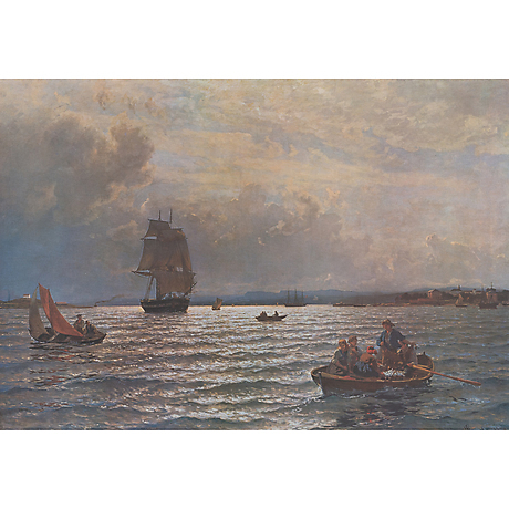 HANS FREDRIK GUDE. After. Harbor motif with fishermen, print. Art ...