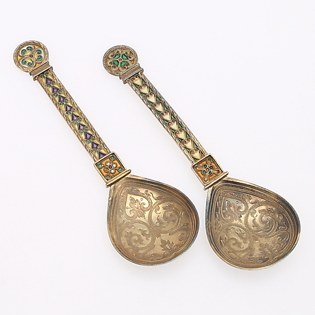 SPOONS, TWO PIECES, WINDOW ENAMEL, GILT SILVER, NORWAY. Silver & Metals ...