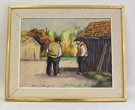HELGE STRAND. Oil on canvas, Old men at a booth, signed. Art ...