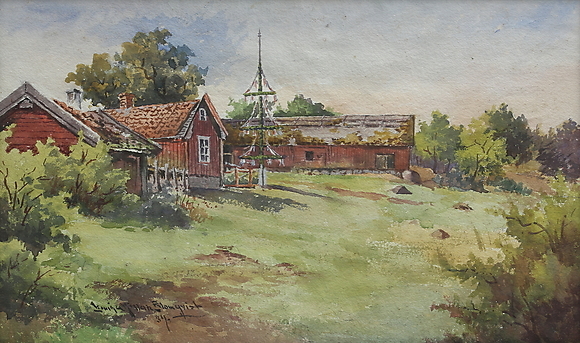 LINNÉA MILLAR BLOMQVIST. Lantgård med midsommarstång. Akvarell ...