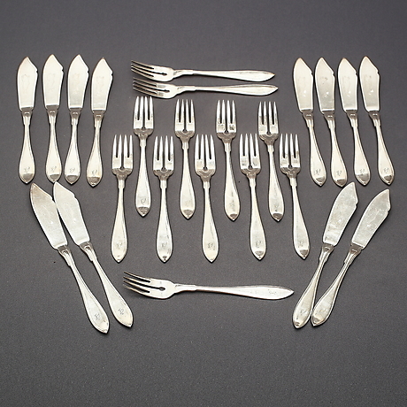 FISHING CUTLERY, 12 + 12 parts, nickel silver, model "Svensk Spets ...