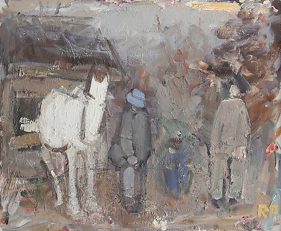 RAGNAR PERSON. Exterior with figures and animals. Oil on Board, signed ...