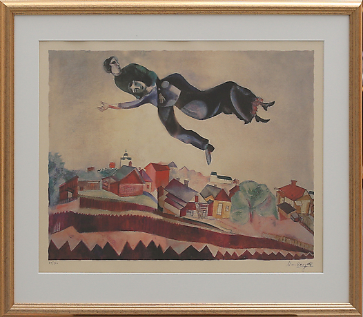 MARC CHAGALL. After. Flying couple, color lithographic print, signed ...