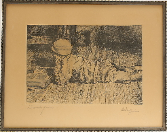 ANDERS HELLER, etching, "Reading boy", signed. Art - Engravings ...