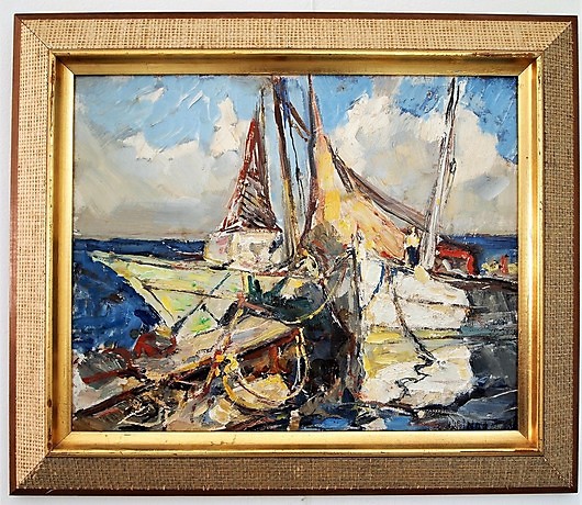 KNUT NORMAN. OIL PAINTING, boats at dock. Art - Paintings - Auctionet