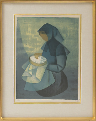 LOUIS TOFFOLI. Woman embroidering, color lithograph, signed and ...