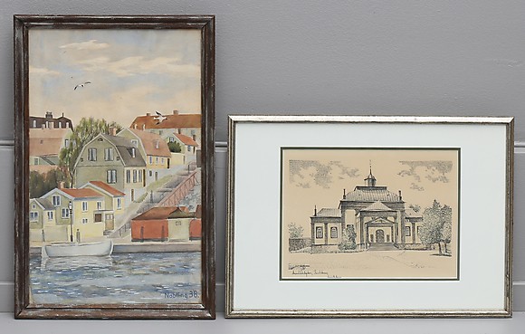 WATERCOLOR AND INK DRAWING, Tore Nobling and indecipherable signature ...