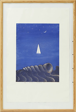 NILS G STENQVIST. "Meri ja taivas", värillinen litografia, signeerattu ...