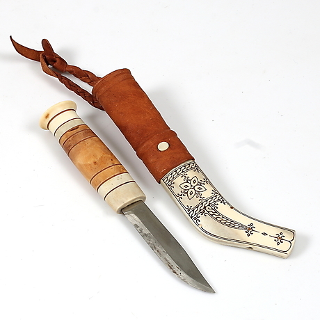LARS-ERIK HUUVA. Sami knife, horn, Masurian birch, monogram signed "LEH ...