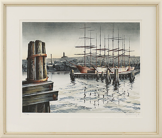 NILS ERIK JOHANSSON. Harbor picture Gothenburg, color lithograph ...