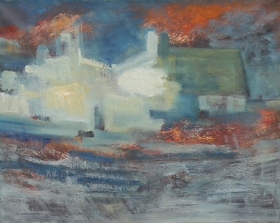 BO ERICSON. Oil on canvas, Motif with houses in a gray and foggy ...