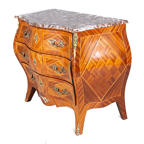Chest of drawers, mahogany with intarsia, bronze and stone top, rococo ...