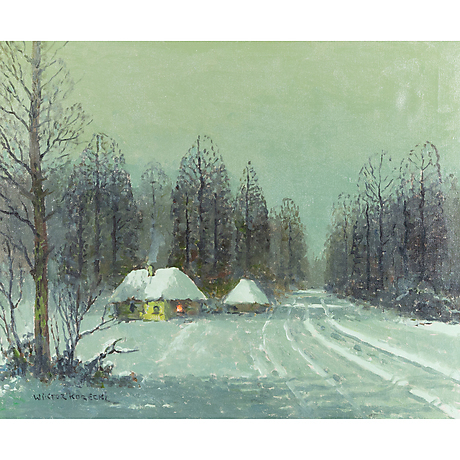 WIKTOR KORECKI. Winter landscape with house, oil on canvas, signed. Art ...