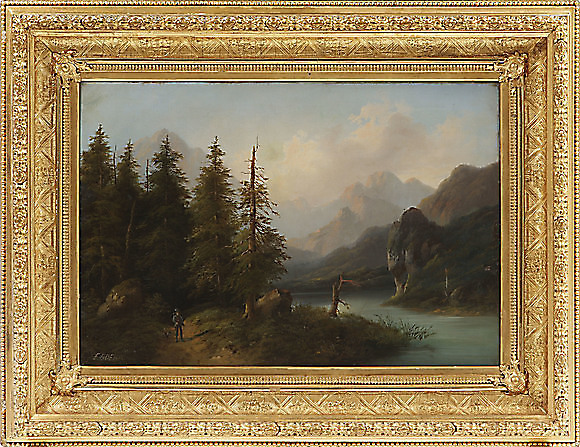 EDUARD BOEHM. Mountain landscape with hunter, oil on canvas, signed ...