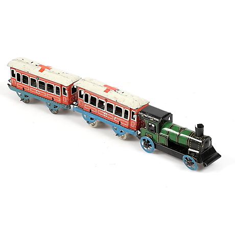 MODEL TRAIN, 3 parts, lithograded sheet metal, steam locomotive with ...