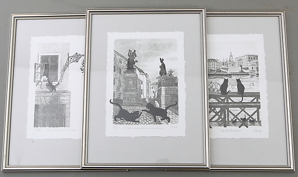 JONAS GLOCK. 3 st, litografier, Stockholmsmotiv med katter, signerade, numrerade. Konst - Grafik ...