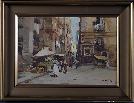 G. RISPOLI. market on the square, oil on the Board. Art - Engravings ...