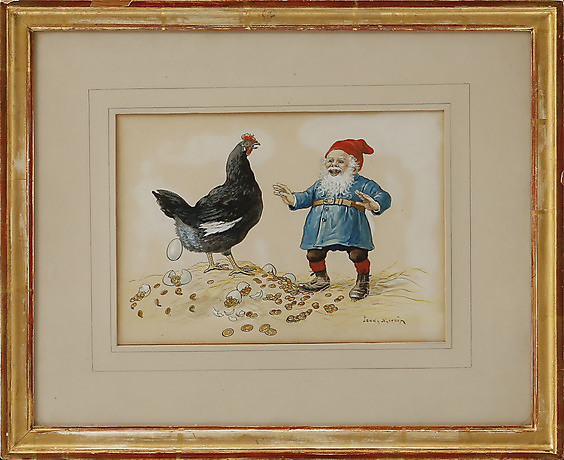 JENNY NYSTRÖM (1854-1946). Tomte och höna med guldägg. Akvarell med ...