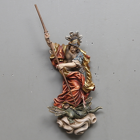 WALL SCULPTURE, "Saint Goran and the Dragon", carved wood, 20th century ...