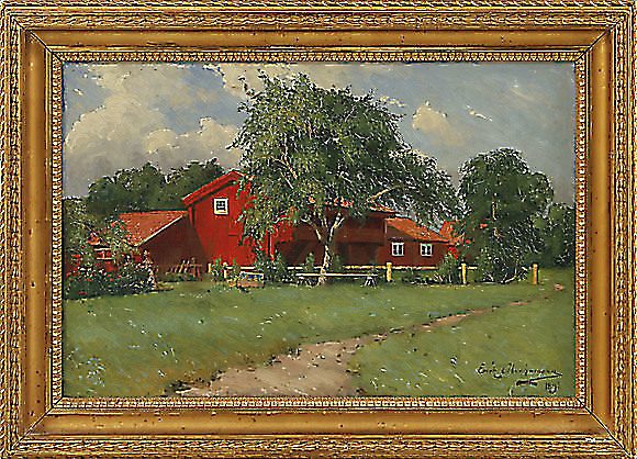ERIK ABRAHAMSSON. Landscape with farm and figure, oil on canvas, signed ...