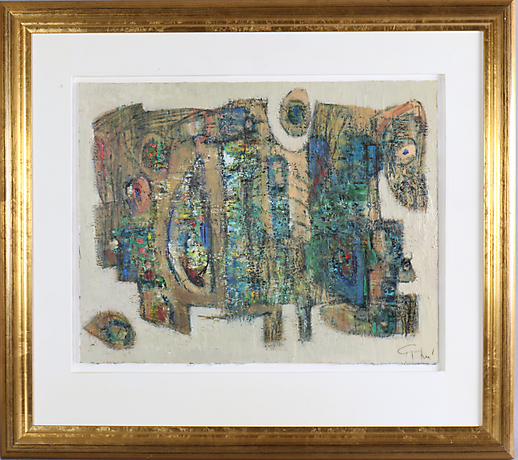 GUY MEYERHOFF. Figurative in green, oil on mounted Board, signed Guy M ...
