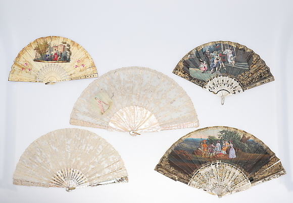 Five fans with sticks in mother-of-pearl and bone and leaves in painted ...