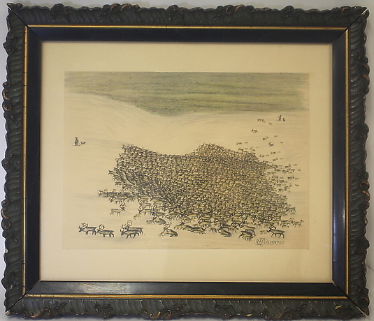 NILS NILSSON SKUM. print, reindeer herd, signed in the print, dated ...