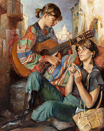 FRANCISCO RIBERA. "Jóvenes arrabaleros". Art - Paintings - Auctionet