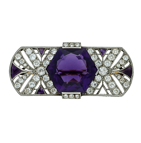 Art-déco-Brosche mit Amethyst und Diamanten, um 1925. Schmuck ...