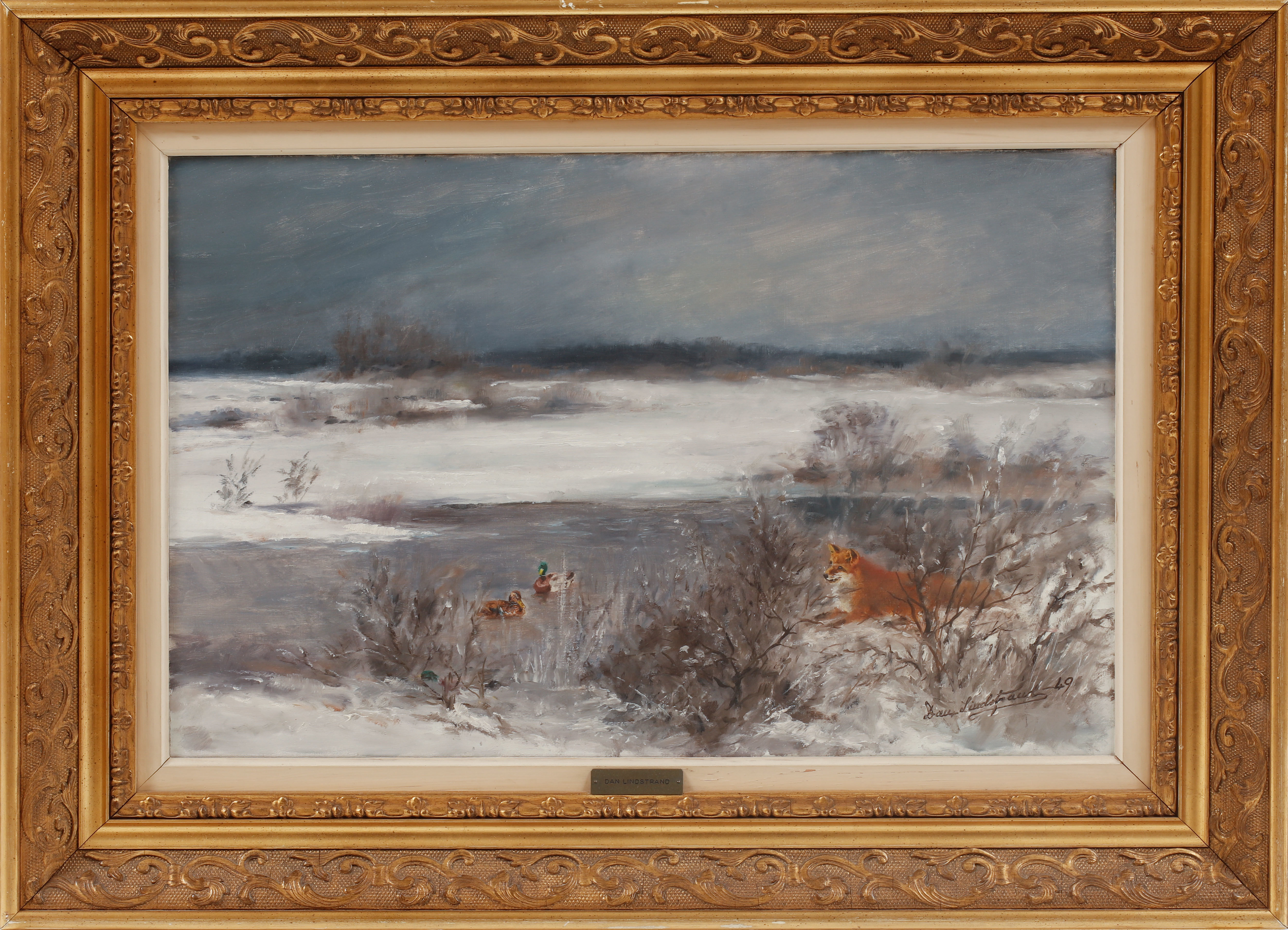 1187471. DAN LINDSTRAND. Talvikuva kettulla ja linnuilla, öljy ...