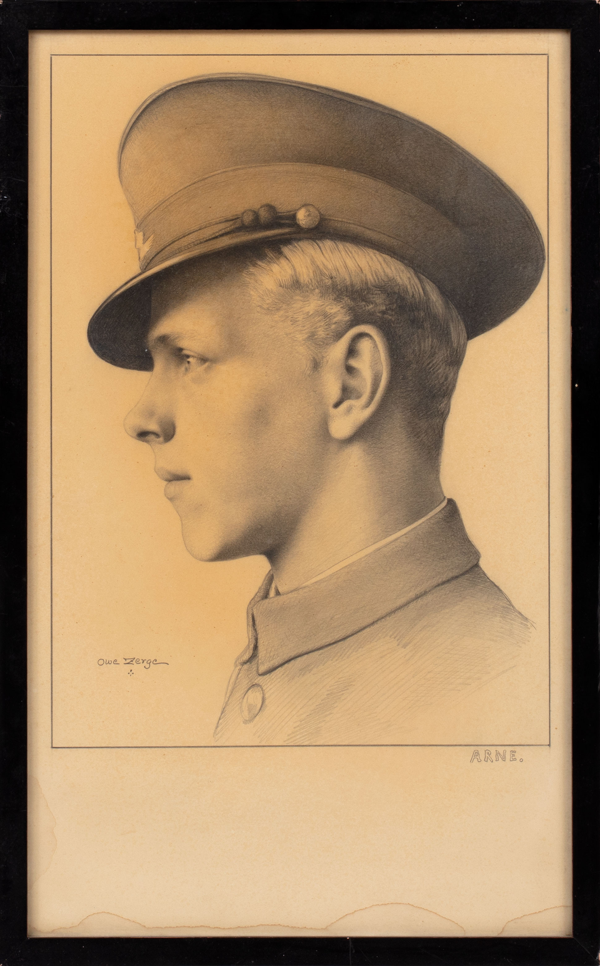 Images for 1599071. OWE ZERGE. Arne in uniform. Pencil drawing. - Auctionet