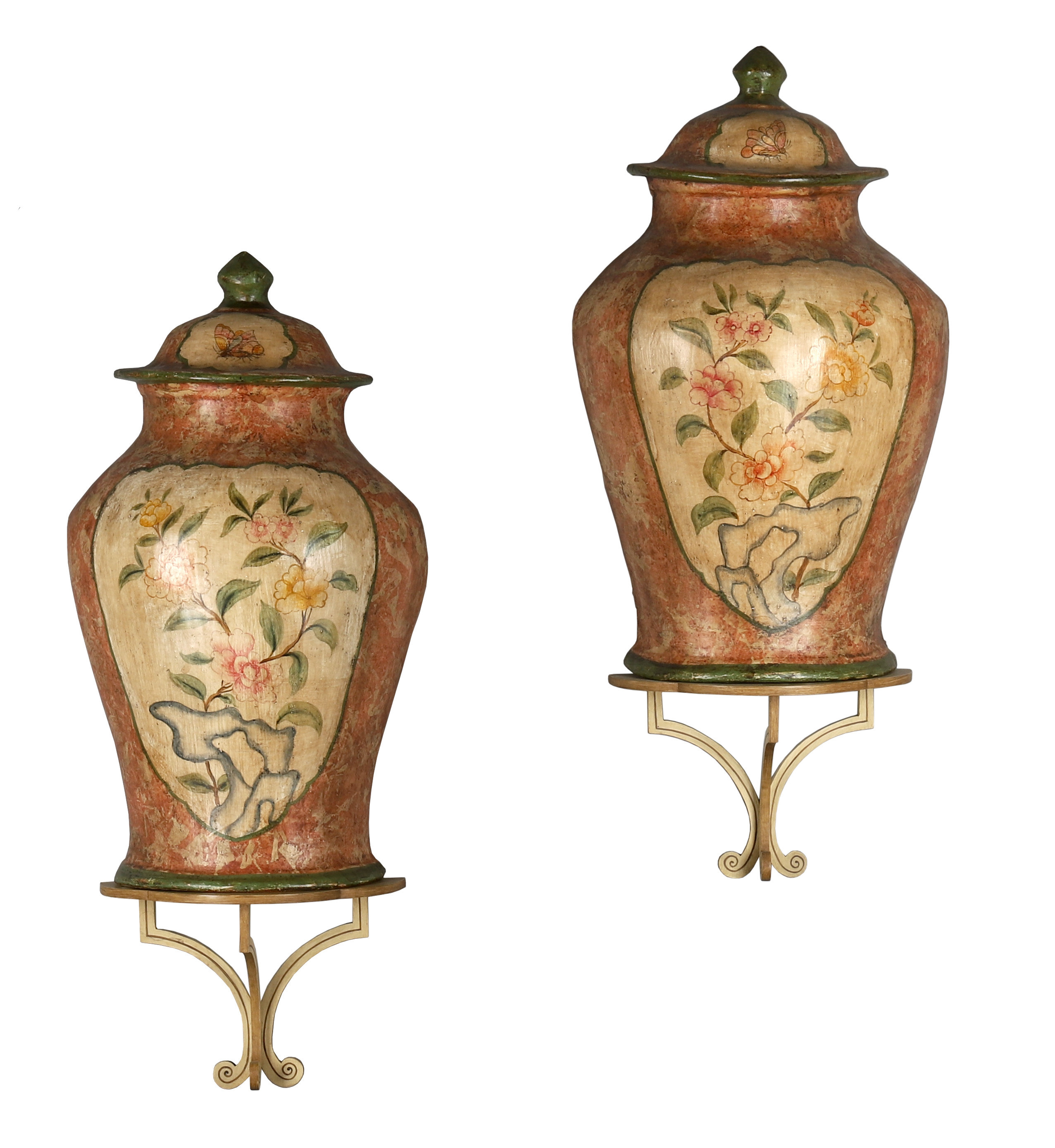 A PAIR OF VENETIAN STYLE PAPIER MÂCHÉ TROMPE L'OEIL HALF URNS. | Barnebys