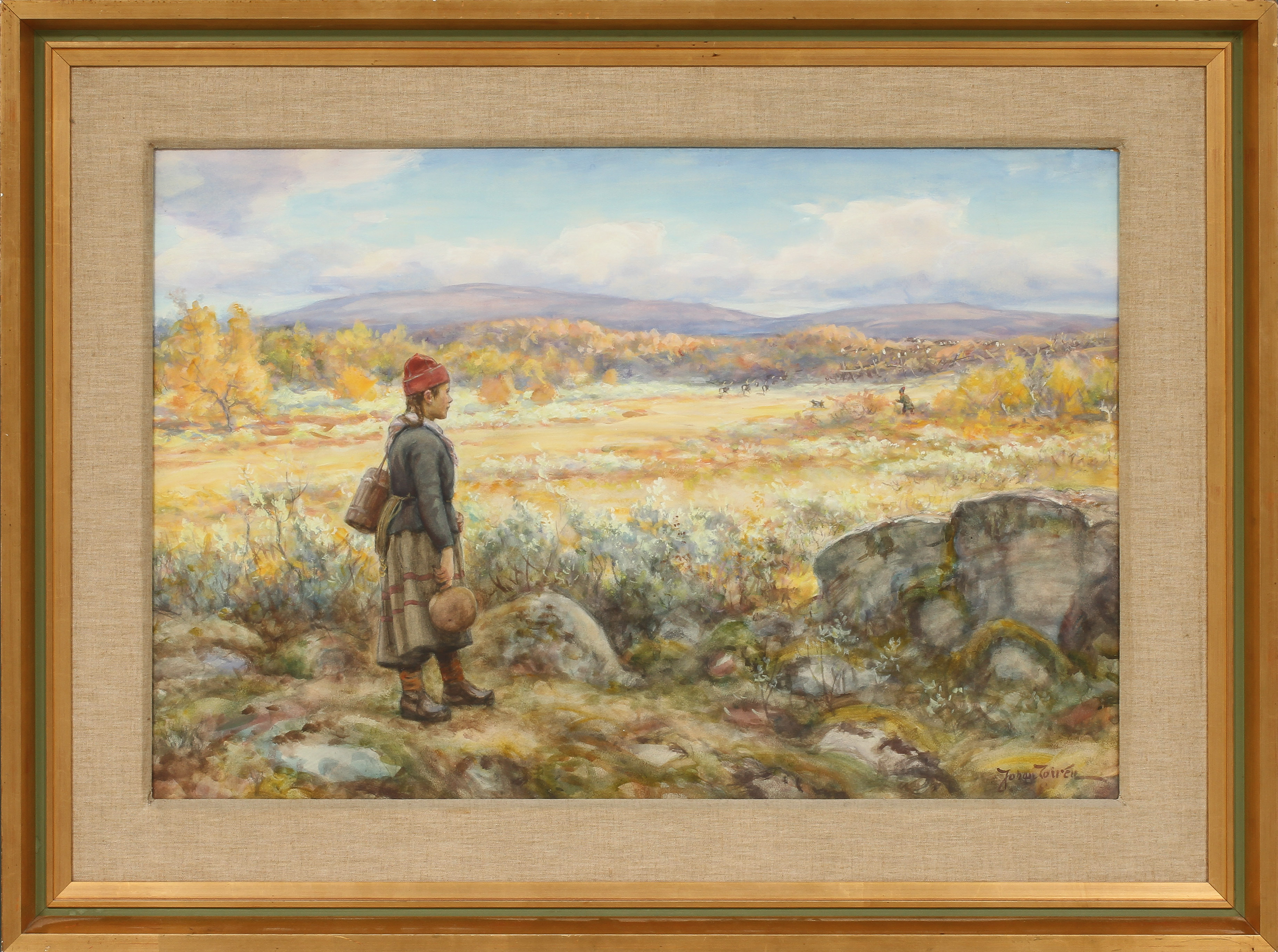 JOHAN TIRÉN (1853-1911). Sami girl and reindeer herd on the mountain ...