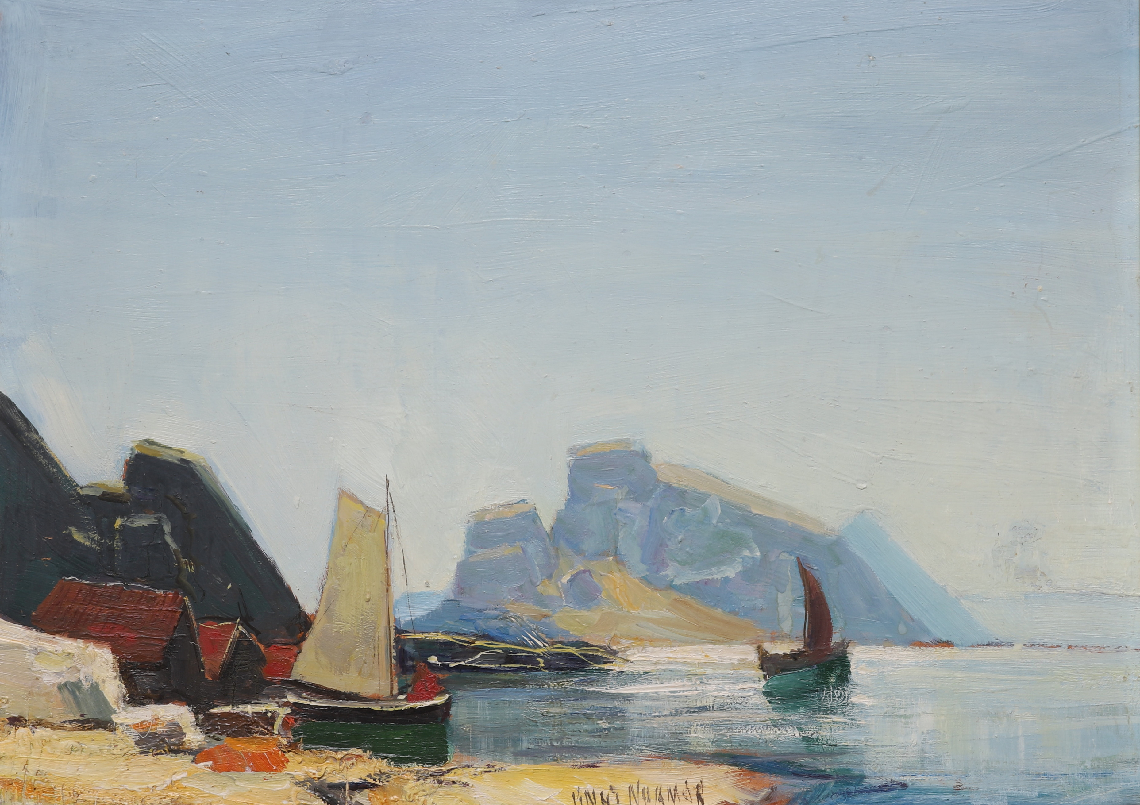 KNUT NORMAN. olja på pannå, fiskeläge, signerad. | Barnebys